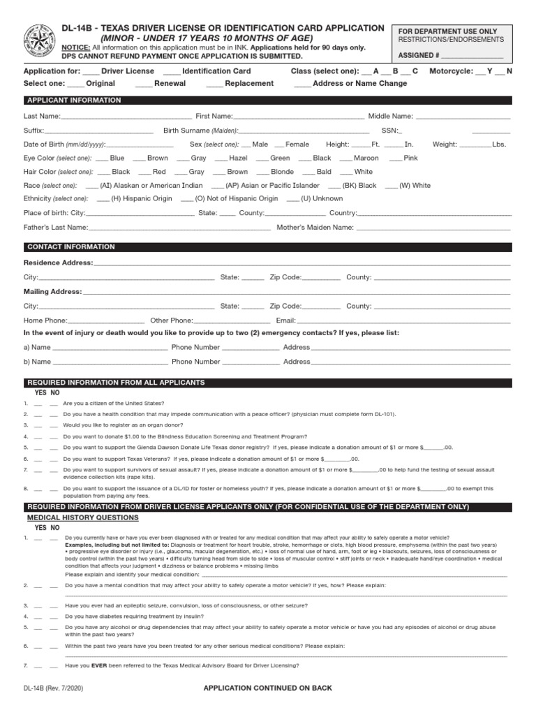 (Minor - Under 17 Years 10 Months of Age) : Dl-14B - Texas Driver ...