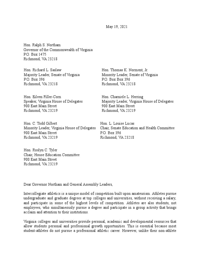 Intercollegiate Athletics Name Image Likeness Letter | PDF | National ...