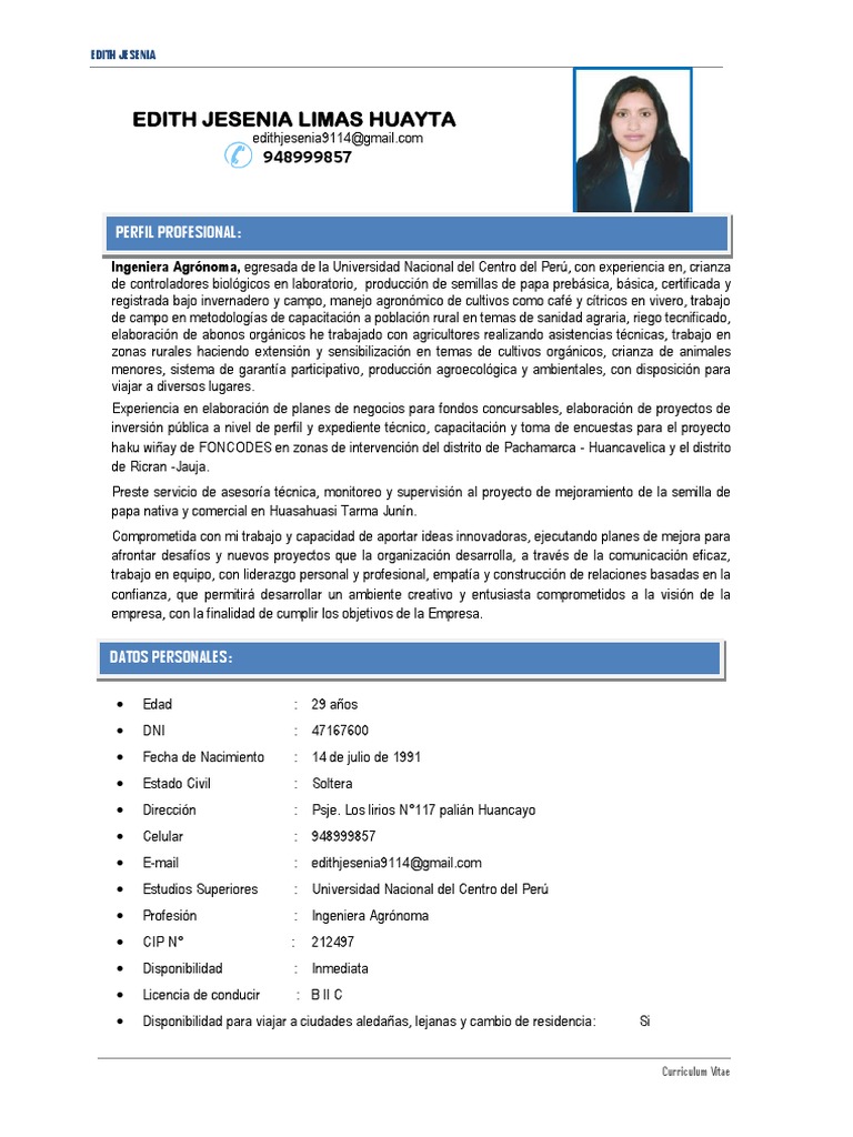CV Ing. Agronomo Edith Limas | PDF | Agricultura | Perú