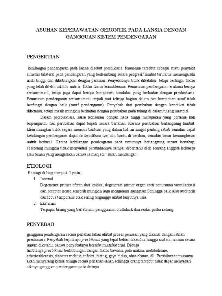 Asuhan Keperawatan Gerontik Pada Lansia Dengan Gangguan Sistem Pendengaran | PDF