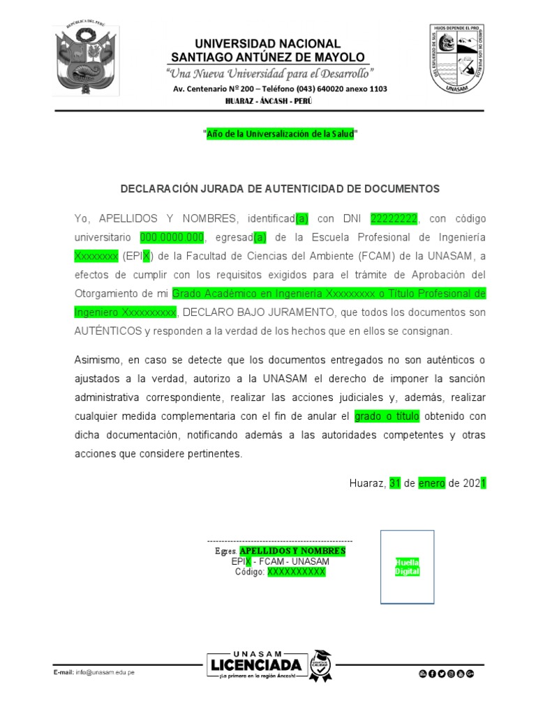 Declaración Jurada de Autenticidad de Documentos (2021) | PDF