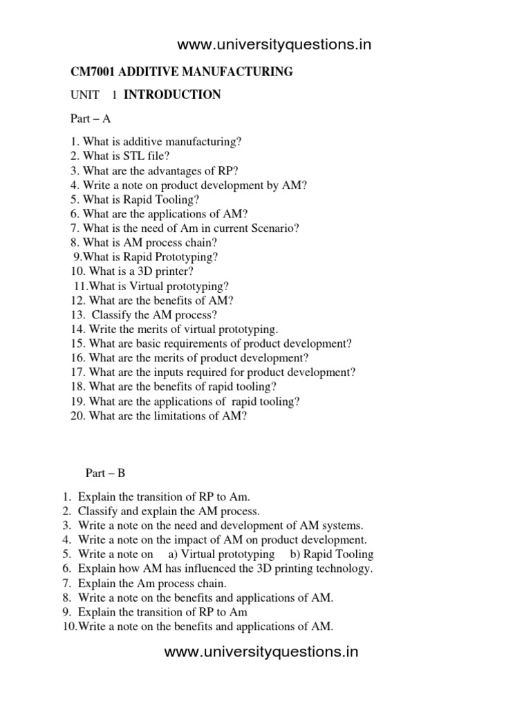 CM7001-Additive Manufacturing Question Bank | PDF | 3 D Printing ...