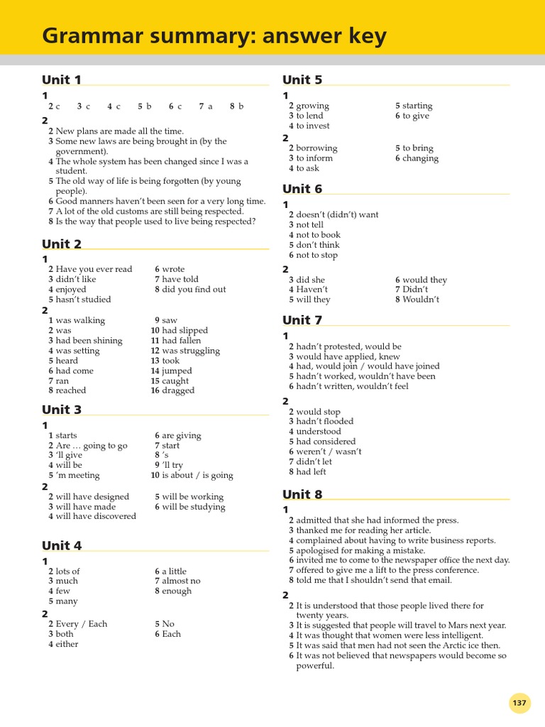 Grammar Summary Answer Key | PDF