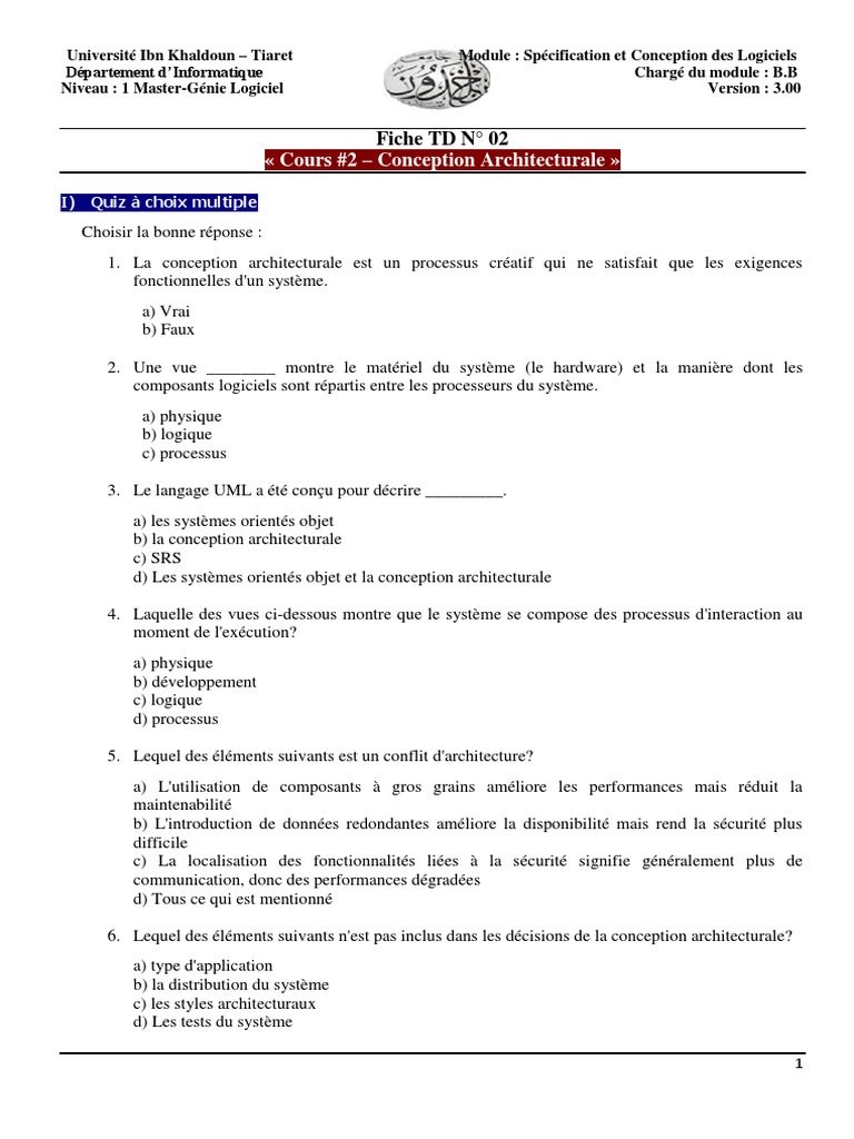 SCL-Fiche TD N°2-Conception Architecturale-Solutions | PDF | Architecture de logiciel ...
