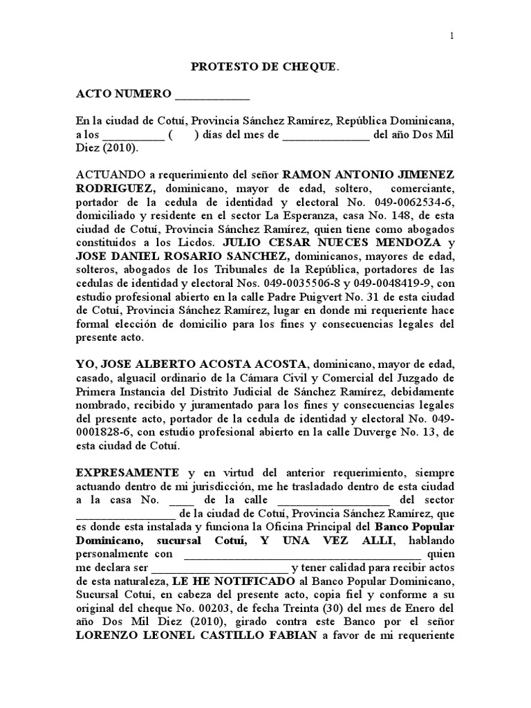 Protesto de Cheque en Cotuí 2010 | PDF | Cheque | República Dominicana