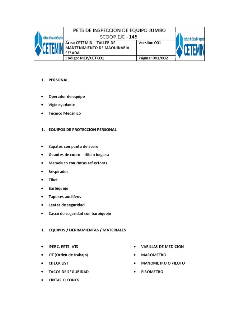 Procedimiento de inspección pre-operativa del equipo excavadora sobre ...