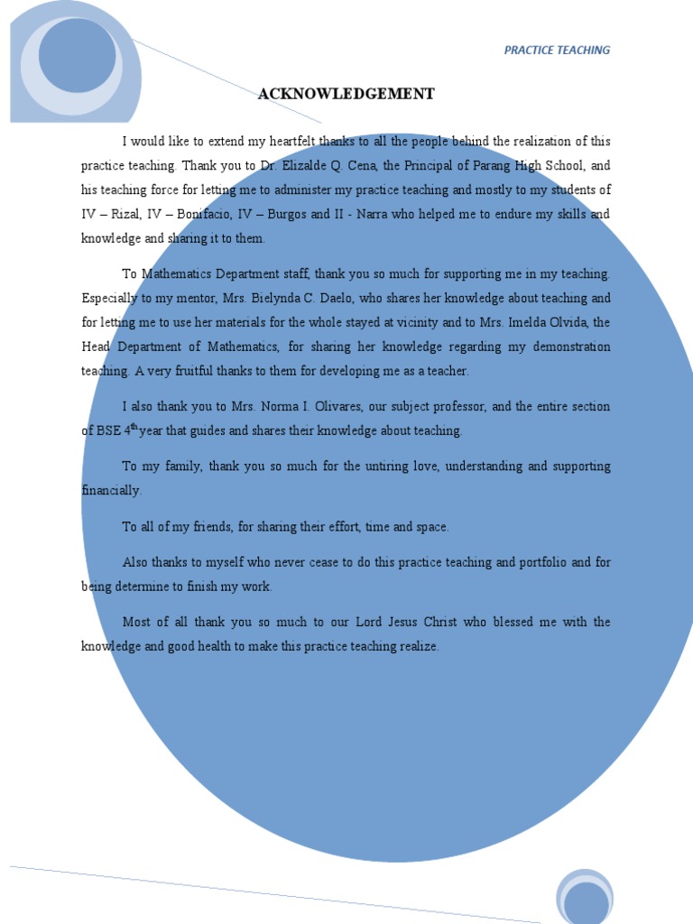 Acknowledgement: Practice Teaching | PDF | Teachers | Learning