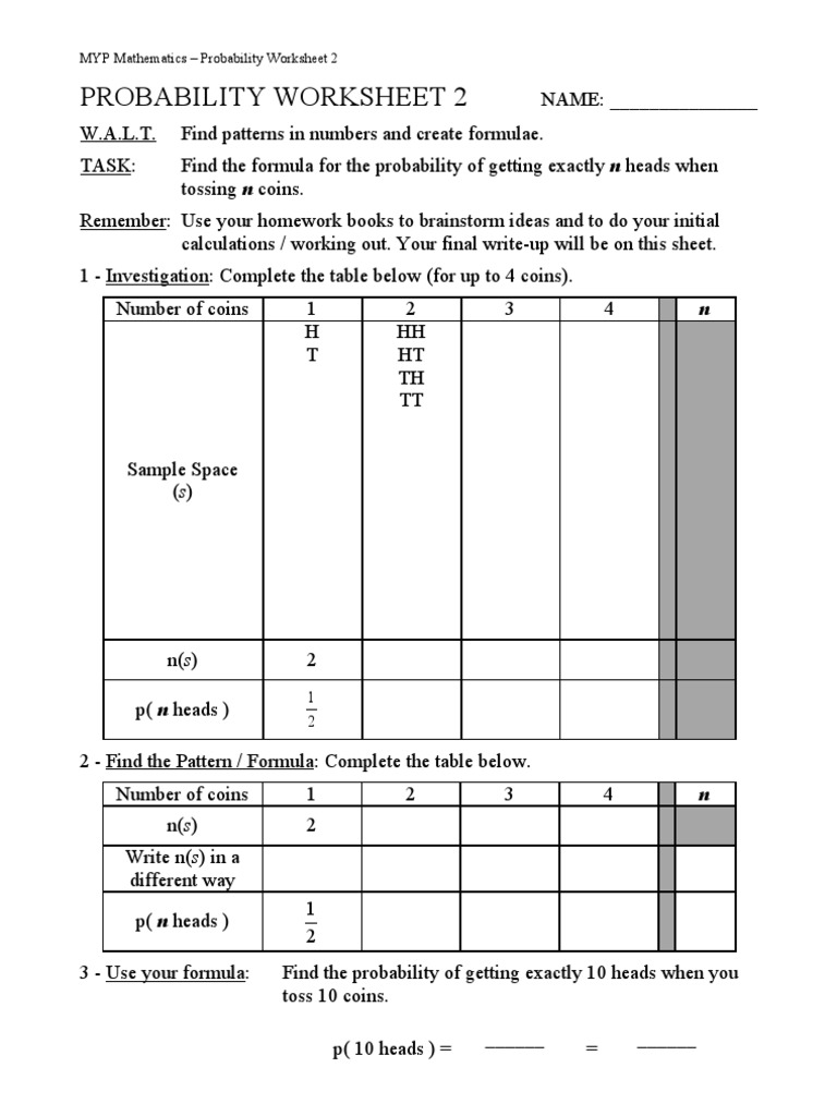 Probability Coins Worksheet 2 Odt 54033 Pdf