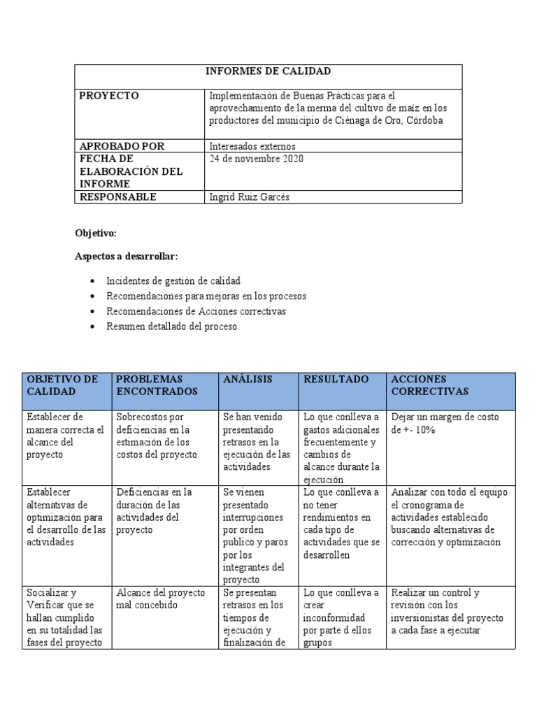 Informe de Gestión de Calidad | PDF | Agricultura | Sistema de manejo ...