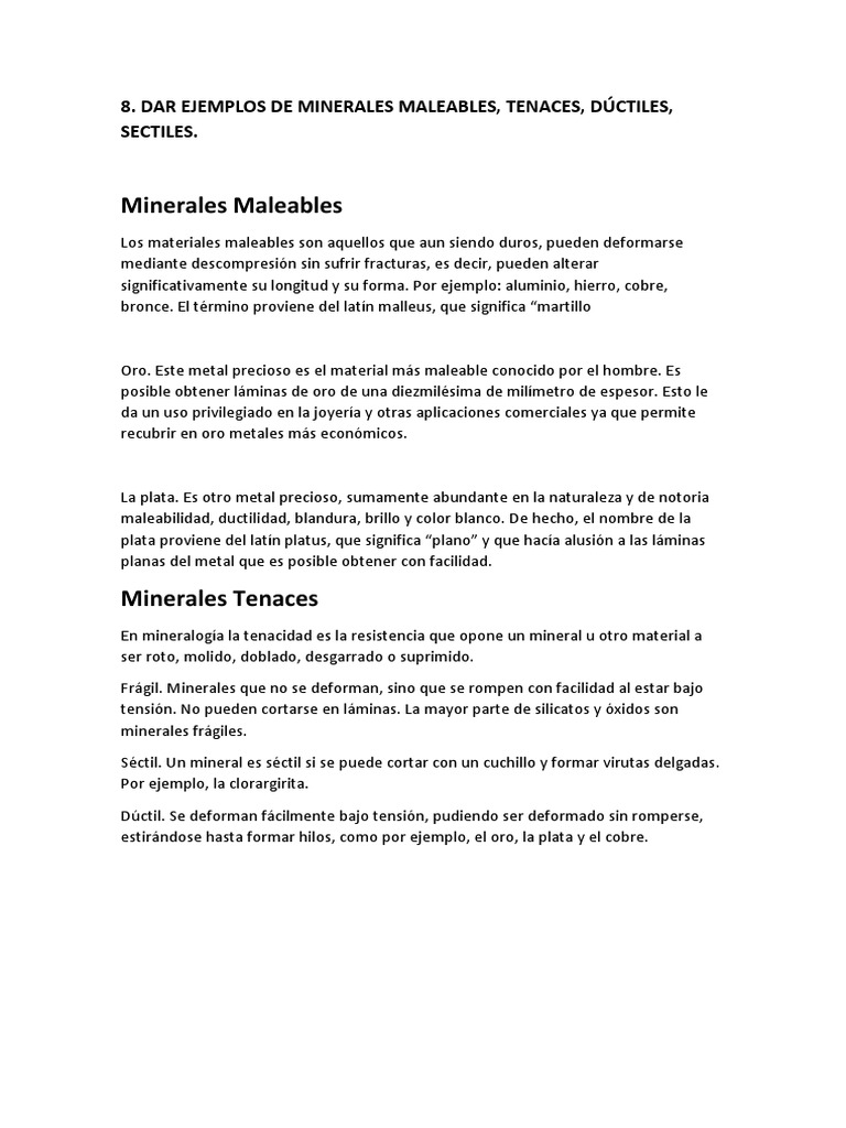 Ejemplos de Minerales Maleables y Dúctiles | PDF | Minerales | Rieles