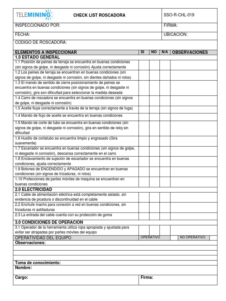 SSO R CHL 019 - Check List - Roscadora | PDF | Bienes manufacturados ...