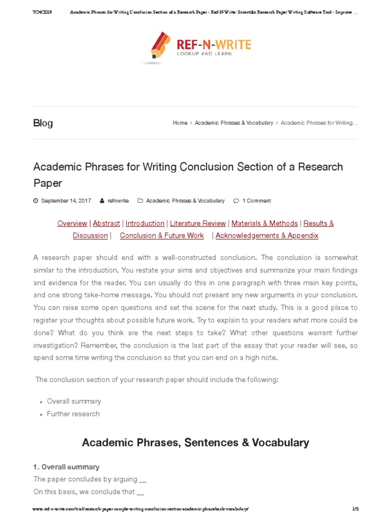 Academic Phrases For Writing Conclusion Section of A Research Paper ...