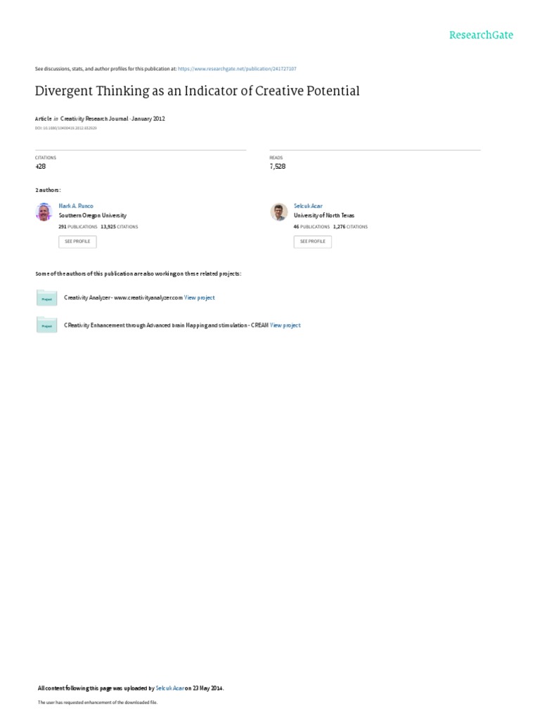 Runco Acar DTasindicatorofcreativepotential | PDF | Creativity ...