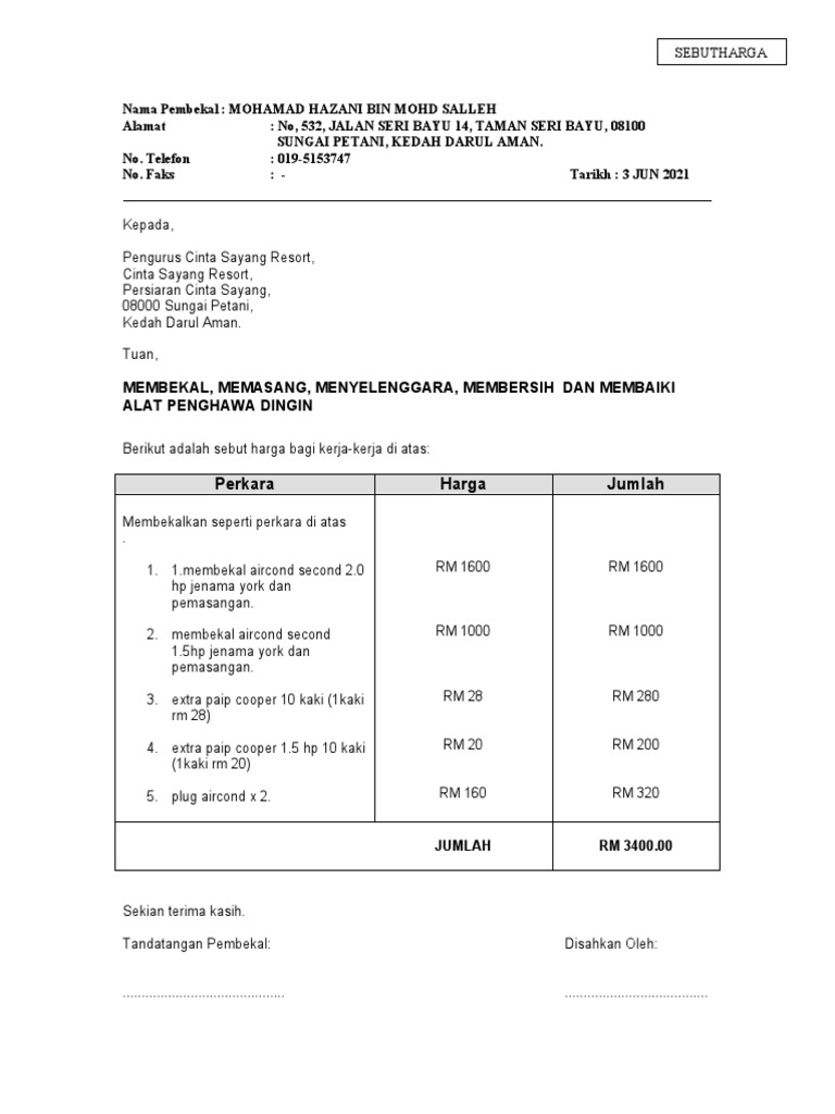 Pdfslide - Tips - Contoh Sebut Harga 55c6104f8c67a | PDF
