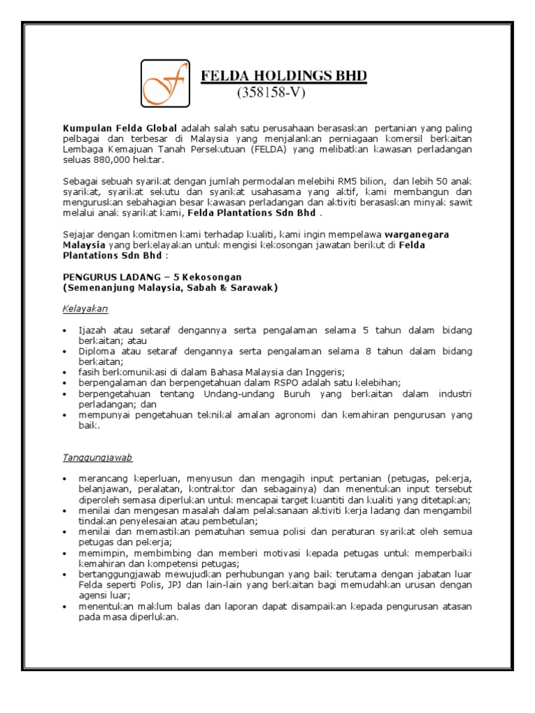 Peluang Kerja di Felda Plantations | PDF