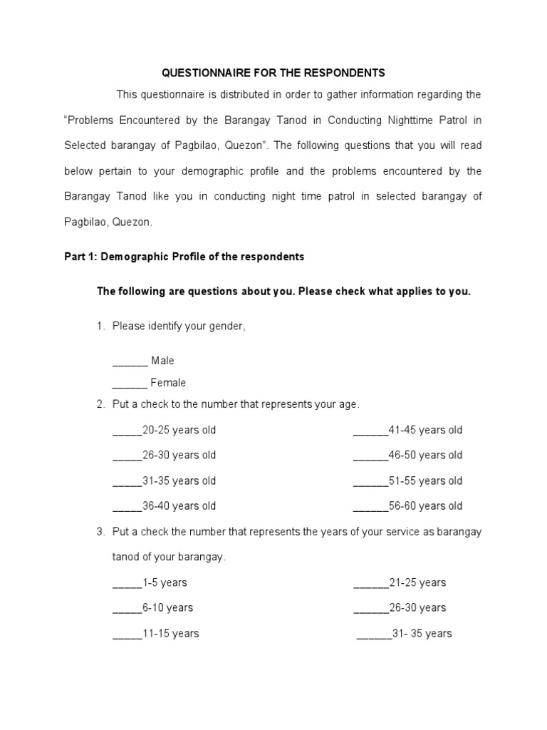 QUESTIONNAIRE FOR The RESPONDENTS | PDF | Questionnaire | Crime & Violence