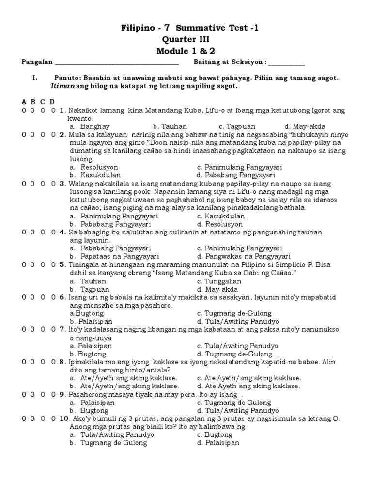 Fil7 Q3 Summative-Test1 Performance-Task1 | PDF