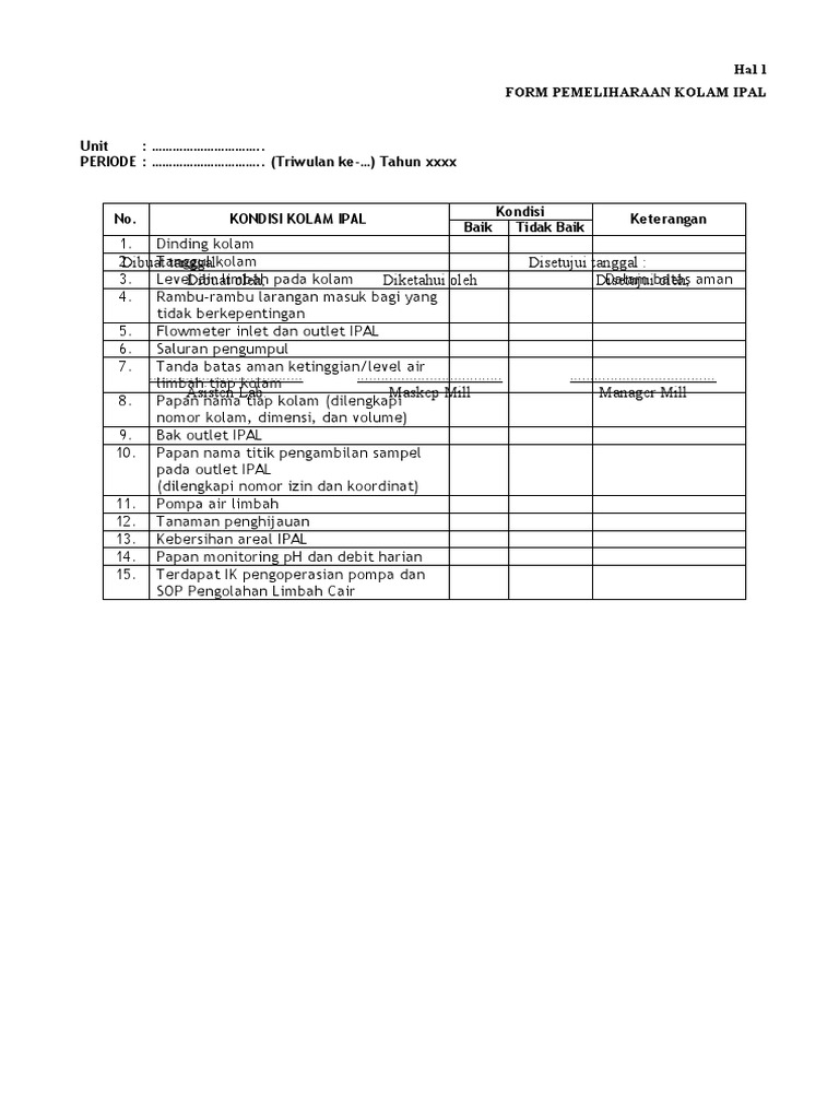 Form Pemeliharaan Kolam IPAL | PDF