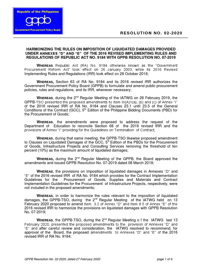 GPPB Resolution No. 02-2020 | PDF | Liquidated Damages | Damages