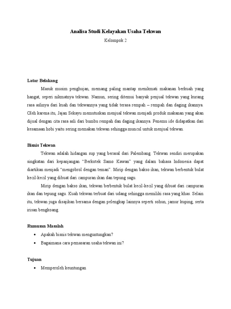 Analisa Studi Kelayakan Usaha Tekwan | PDF