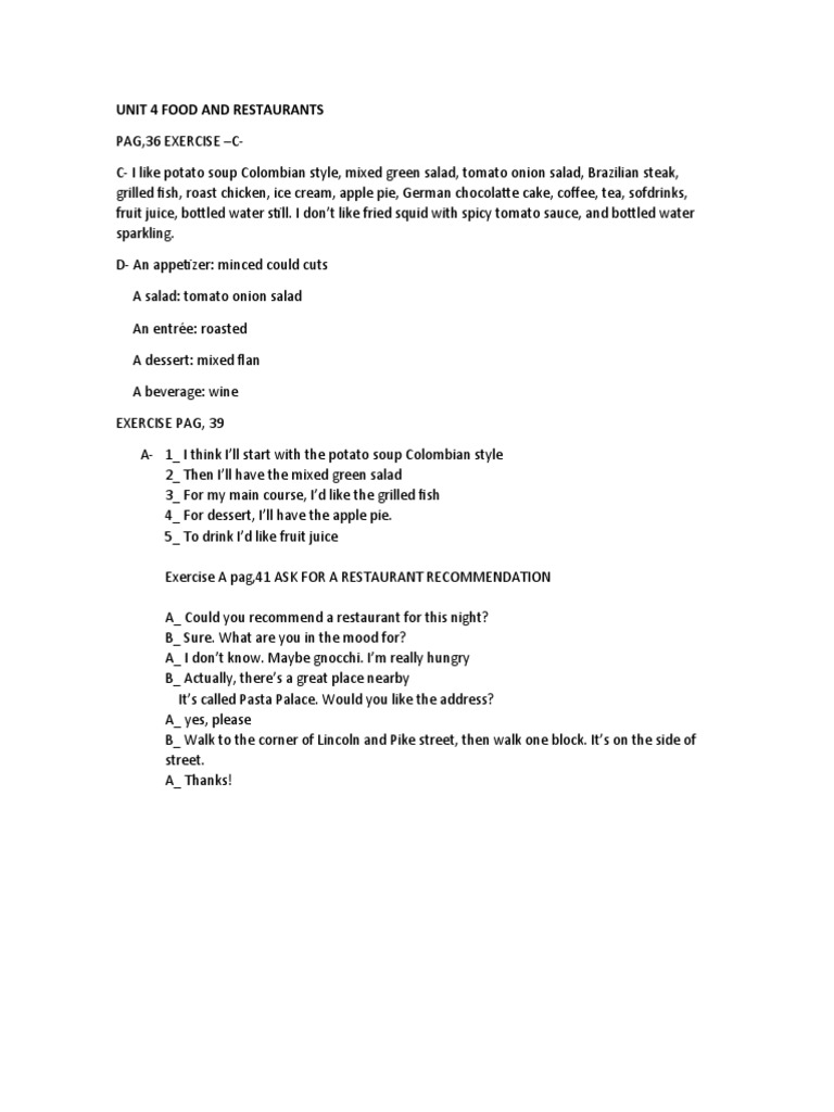 Unit 4 Food and Restaurants Exercise | PDF