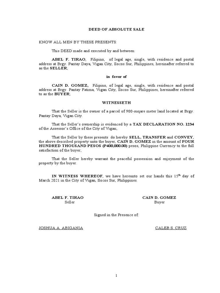 Deed of Absolute Sale (Unregistered Land) | PDF | Deed | Environmental Law Deed of Absolute Sale (Unregistered Land) | PDF | Deed | Environmental Law