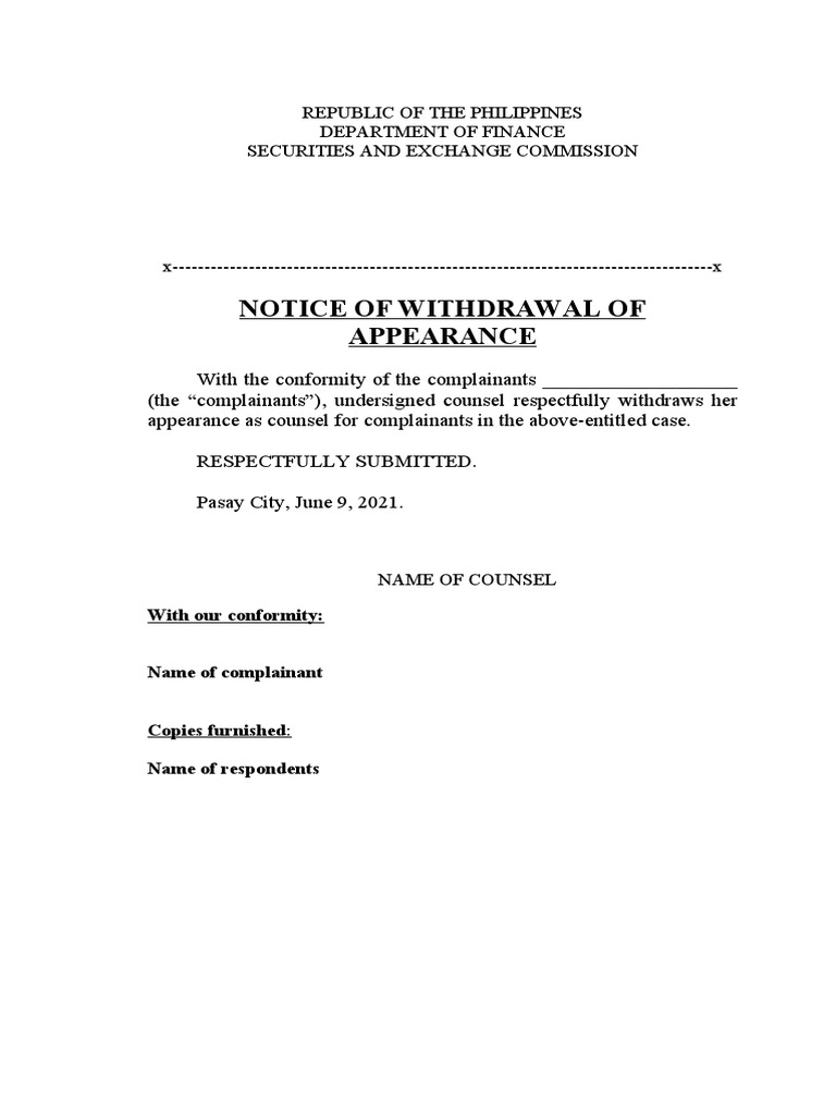 Withdrawal of Appearance Sample