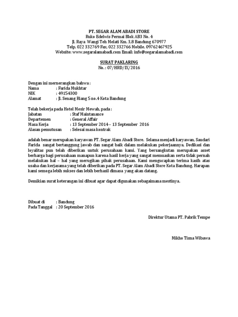 Contoh Surat Paklaring Dari Perusahaan Retail | PDF