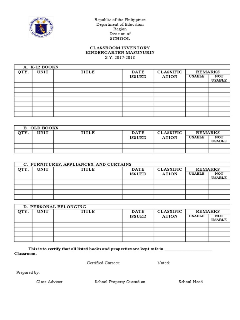 Kindergarten Classroom Inventory Form | PDF