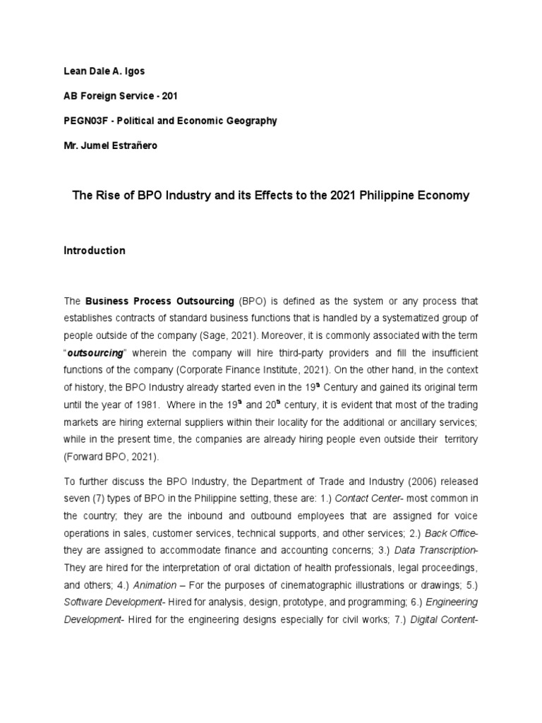 The Rise of BPO Industry and Its Effects To The 2021 Philippine Economy ...