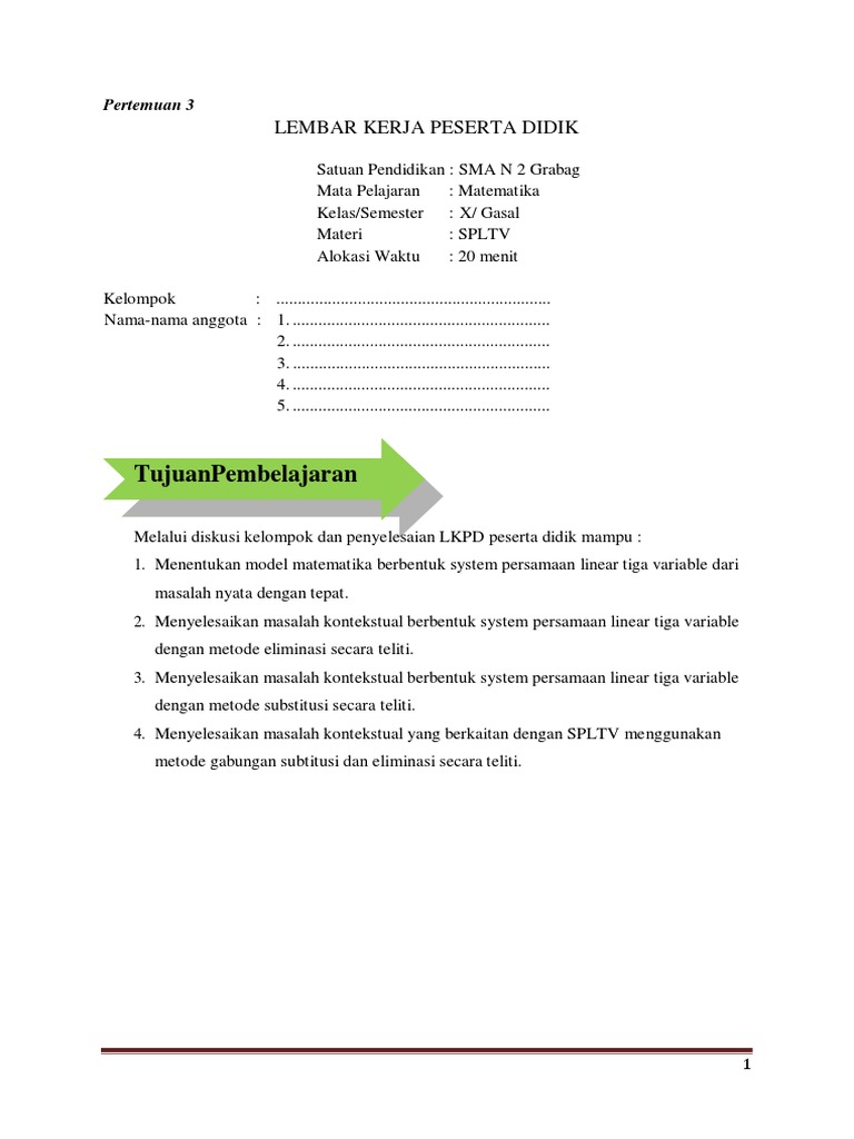 LKPD SPLTV Metode Gabungannn | PDF