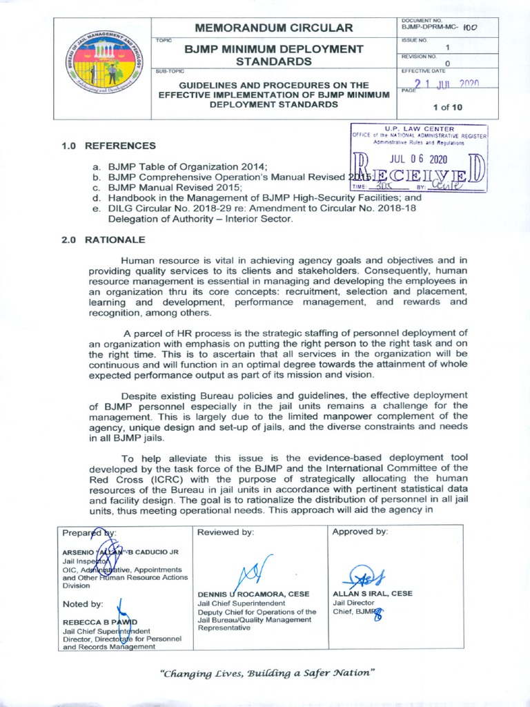 Mc-100 07.21.2020 BJMP Minimum Deployment Standards | PDF
