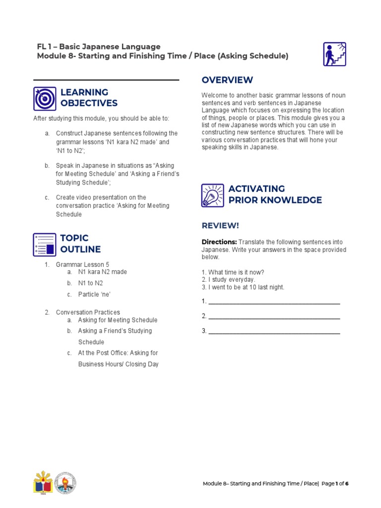 Learning Objectives: FL 1 - Basic Japanese Language Module 8-Starting ...