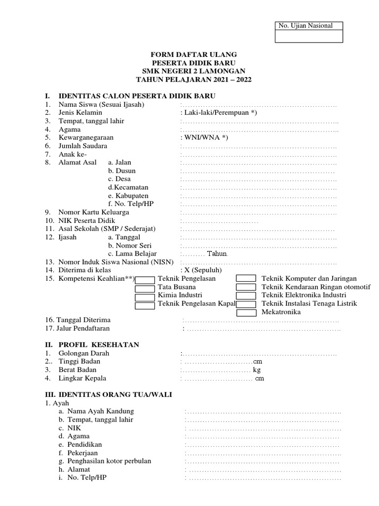 Form Daftar Ulang Peserta Didik Baru SMK Negeri 2 Lamongan TAHUN ...