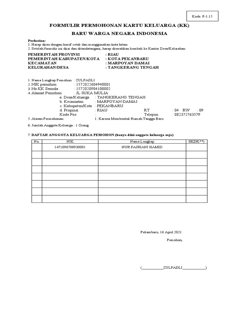 Formulir Permohonan Kartu Keluarga (KK) Baru Warga Negara Indonesia | PDF
