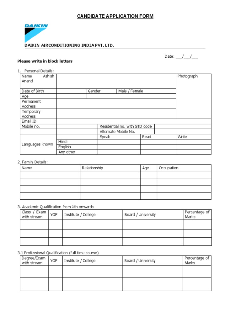 Candidate Application Form: Daikin Airconditioning India Pvt. LTD | PDF ...
