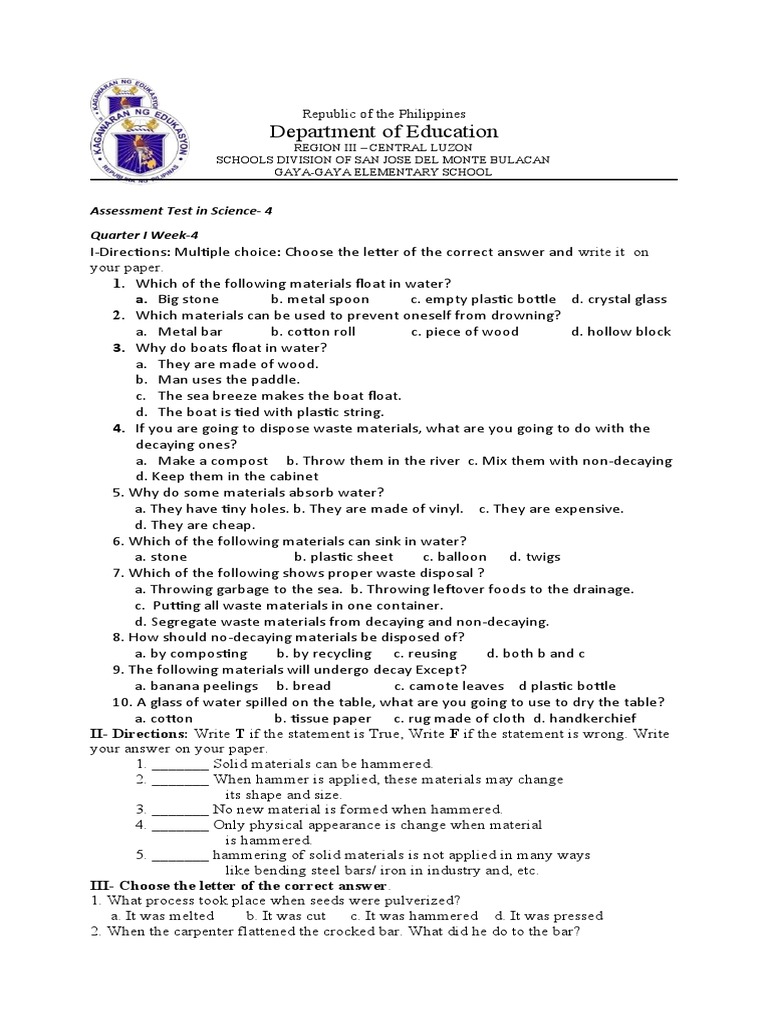Assessment Test in Science Q1 WK 4 | PDF | Plastic | Materials