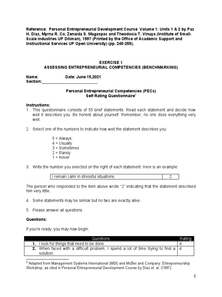 PECs Self-Rating Questionnaire Guide | PDF | Human Nature ...