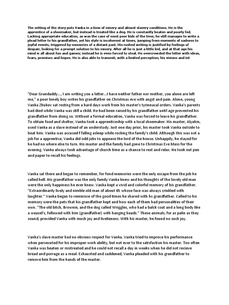 The Setting of The Story Puts Vanka in A Time of Misery and Almost ...