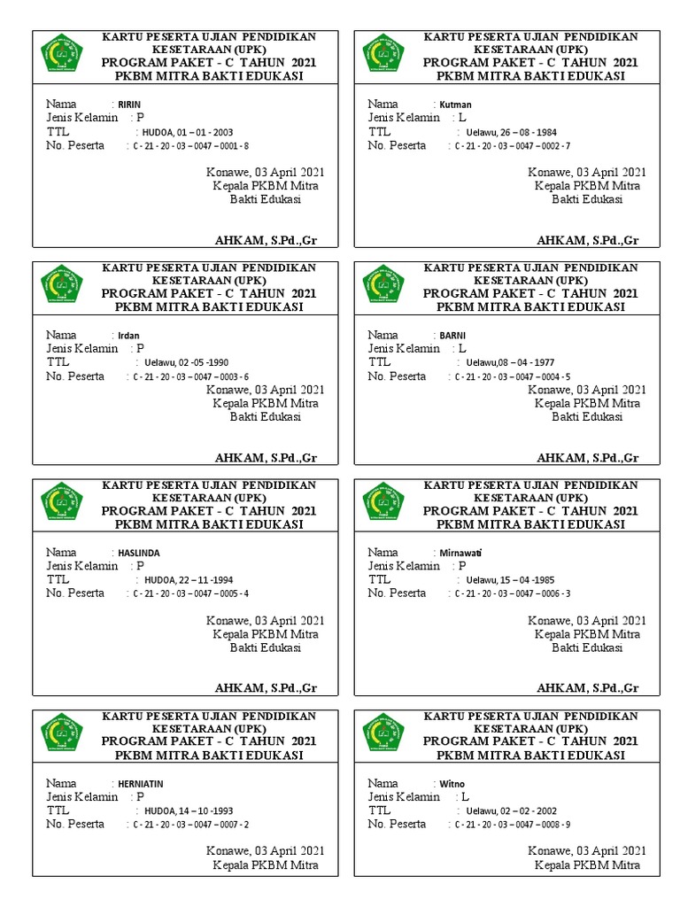 Kartu Peserta Ujian Paket C 2021 | PDF