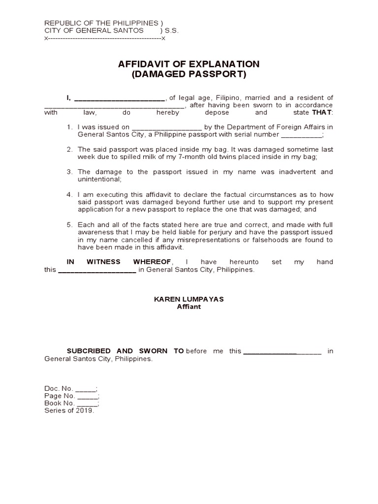 Affidavit of Explanation - Damaged Passport | PDF | Politics | Social ...