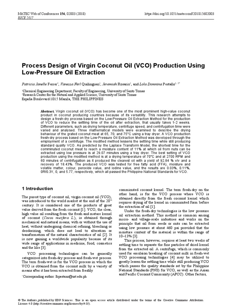 Process Design of Virgin Coconut Oil VCO Productio | PDF | Coconut Oil ...
