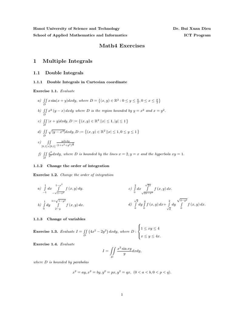 Math4 Exercises: 1.1 Double Integrals | PDF | Integral | Flux