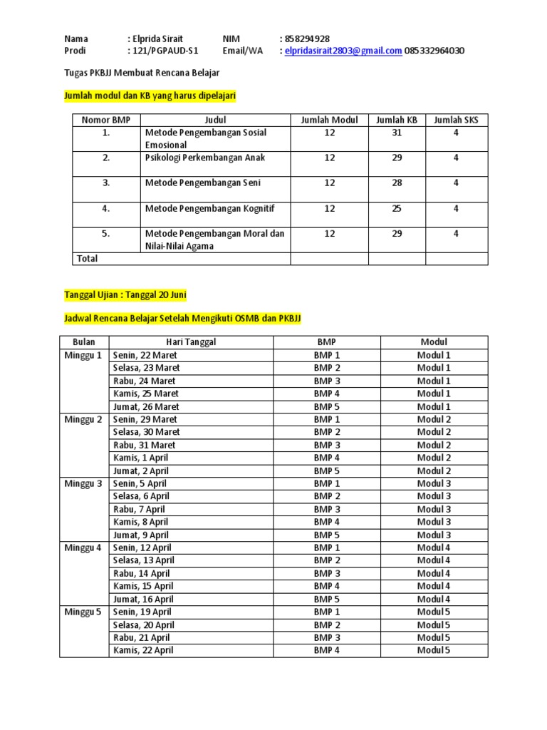 Rencana Belajar Elprida Sirait PGPAUD | PDF