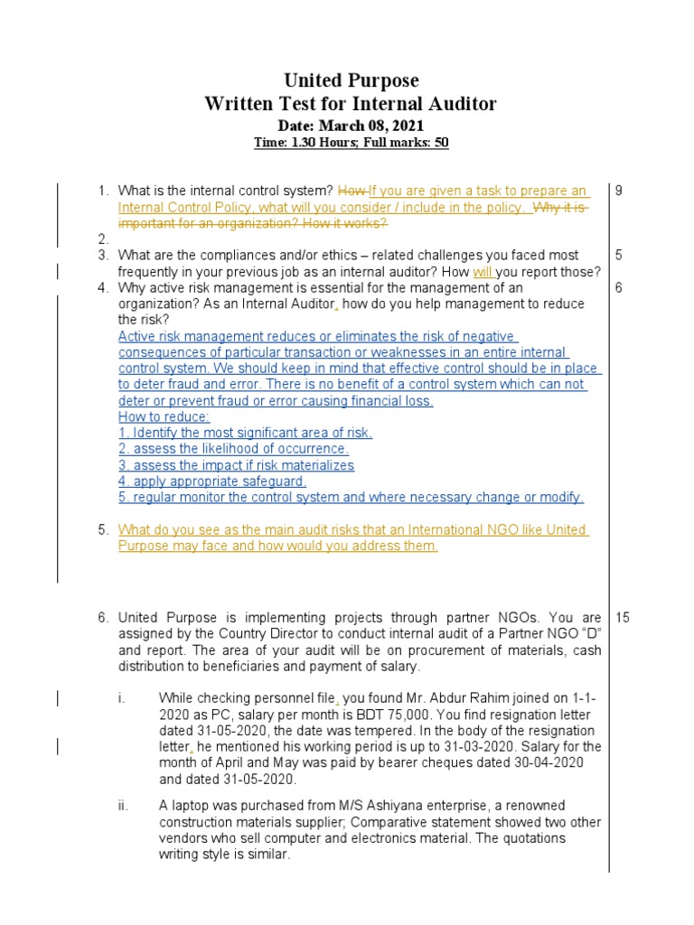 Internal Auditor Written Test Guide | PDF | Internal Control | Internal ...