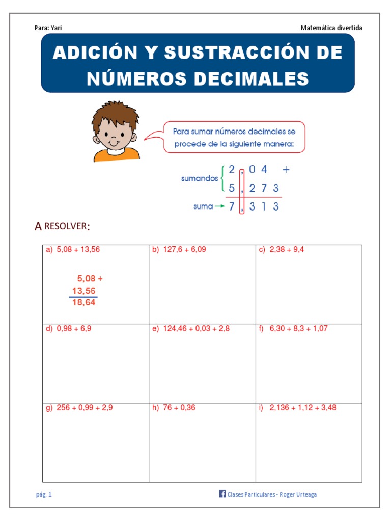 Ejercicios de Suma y Resta de Decimales | PDF