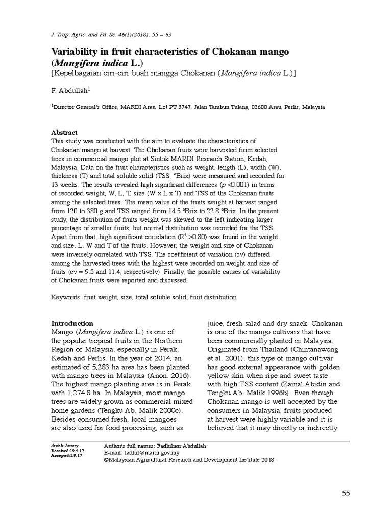 Variability in Fruit Characteristics of Chokanan Mango (Mangifera ...