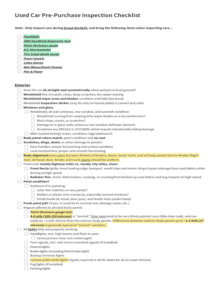 Used Car Inspection Checklist | PDF | Trunk (Car) | Tire
