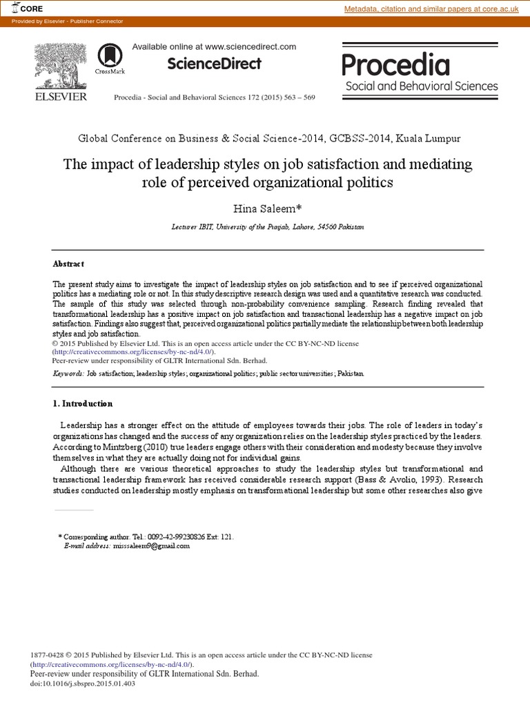 The Impact of Leadership Styles On Job Satisfaction and Mediating Role of Perceived ...