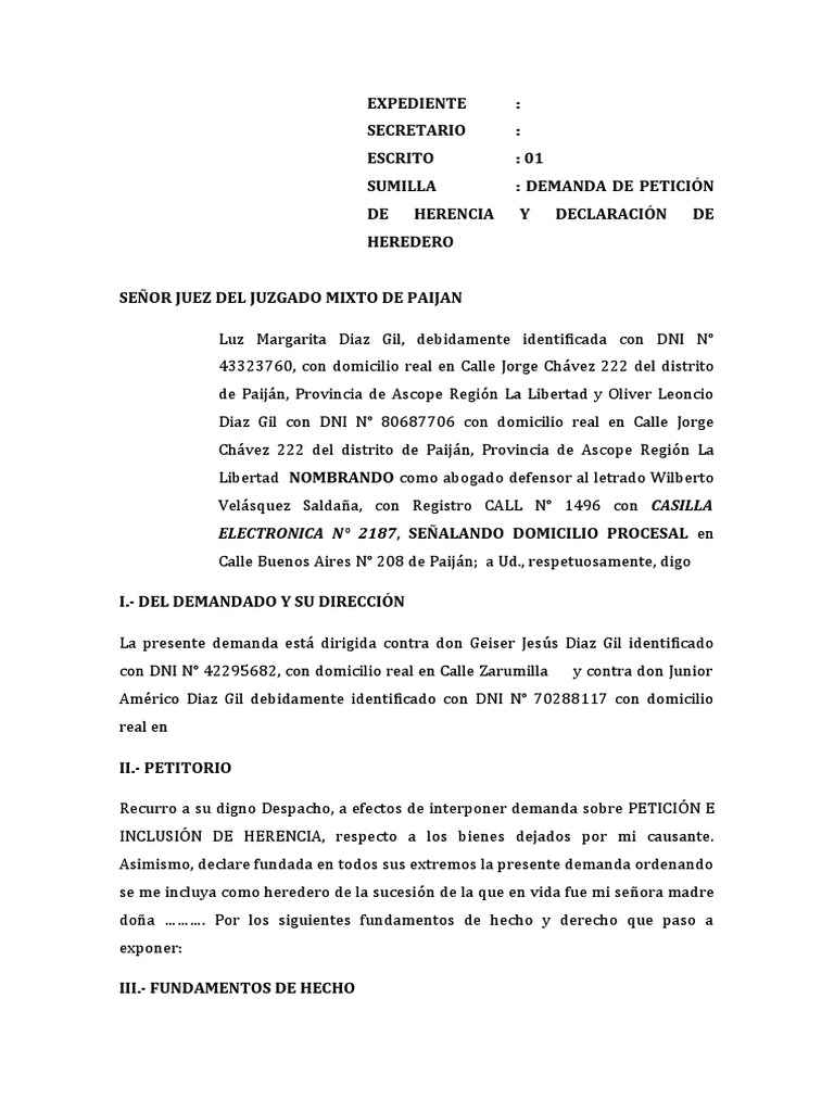 Modelo de Demanda de Petición de Herencia y Declaración de Heredero | PDF | Herencia | Derecho ...
